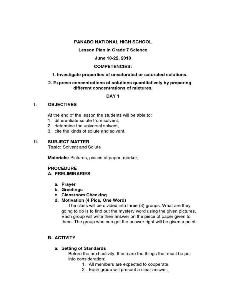 1 Solute and Solvent Lesson Plan | PDF | Solution | Solvent