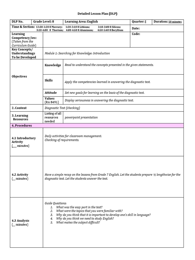 Grade 8 DLP | PDF | Lesson Plan | Learning
