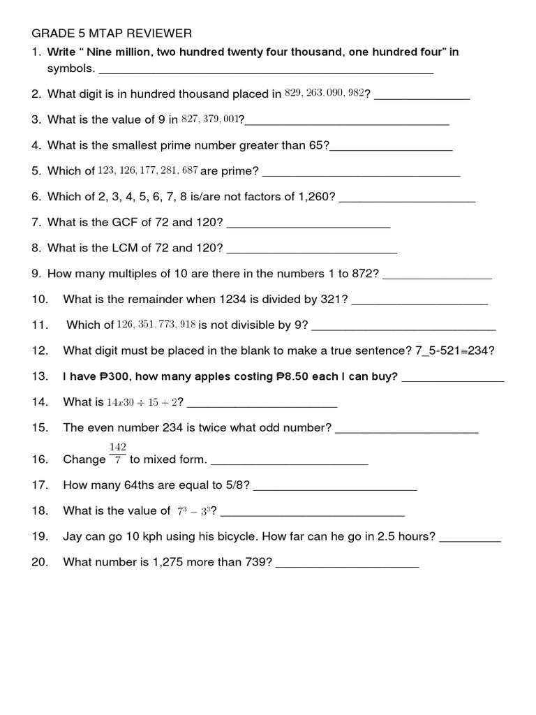 Grade 5 MTAP Reviewer with Answers | PDF