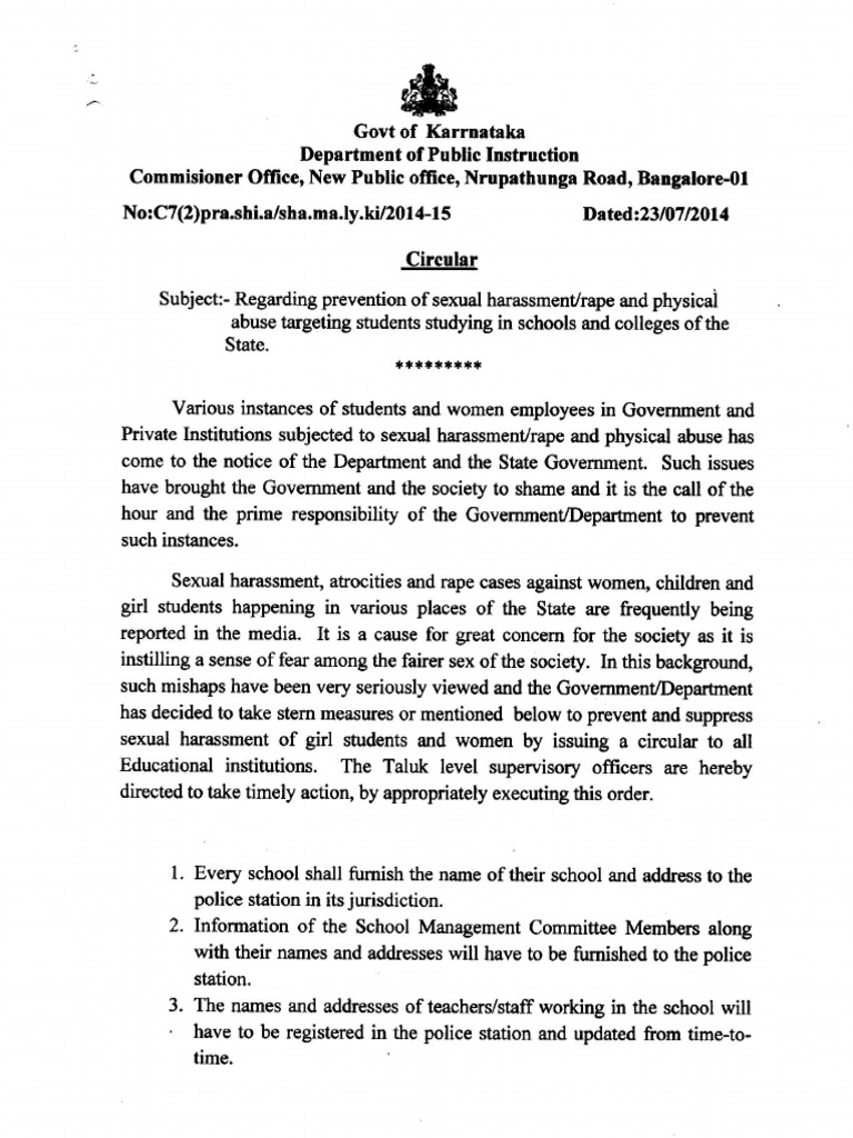 Karnataka Child Safety Circular For Prevention of Abuse in Schools | PDF