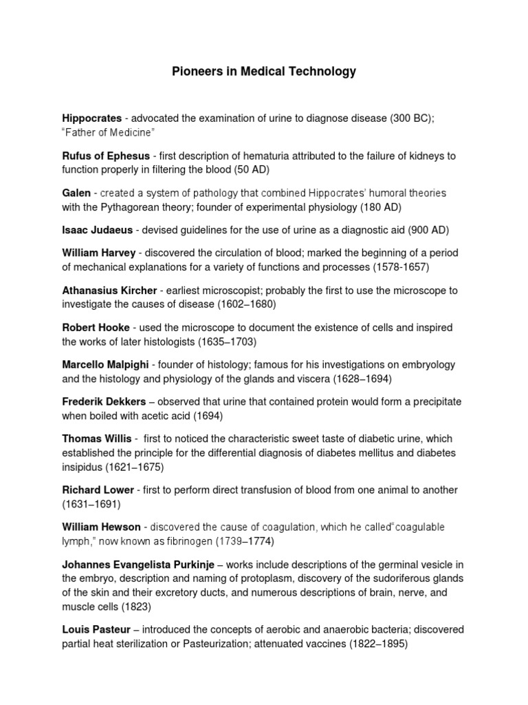 Pioneers and History of Medical Technology | PDF | Pathology | Medicine