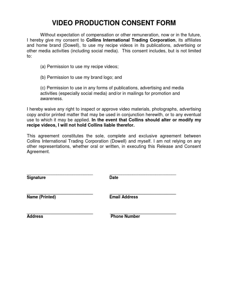 Video Production Consent Form: Recipe Videos, I Will Not Hold Collins ...
