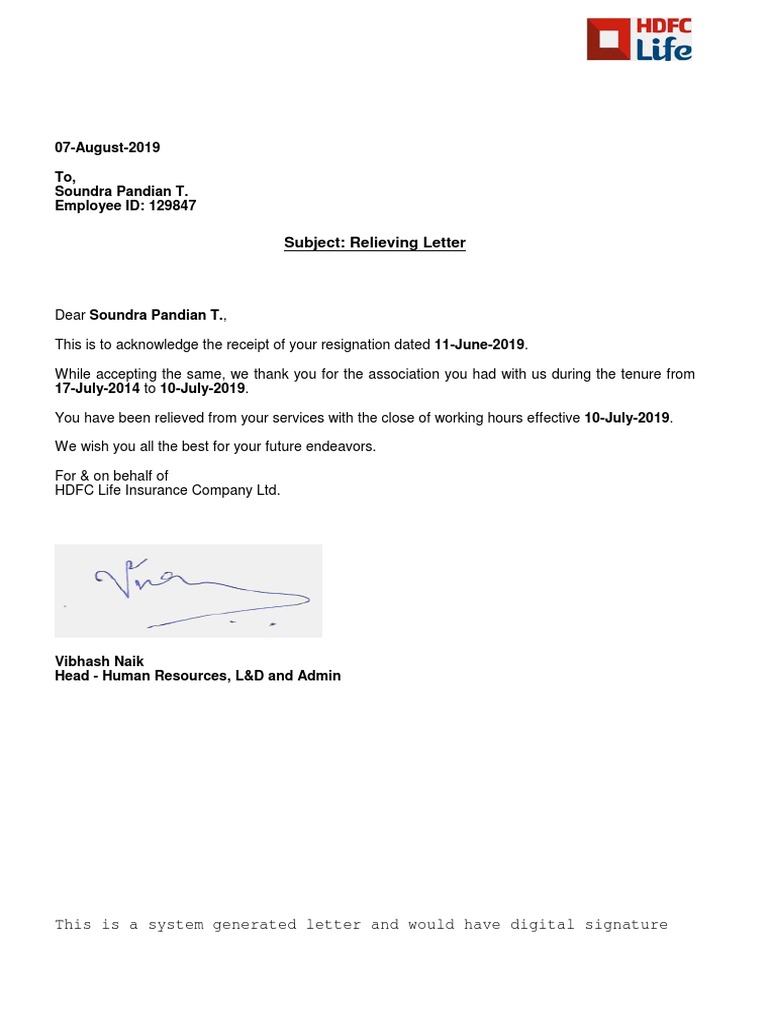 Relieving Letter 20190807 | PDF | Career & Growth | Business