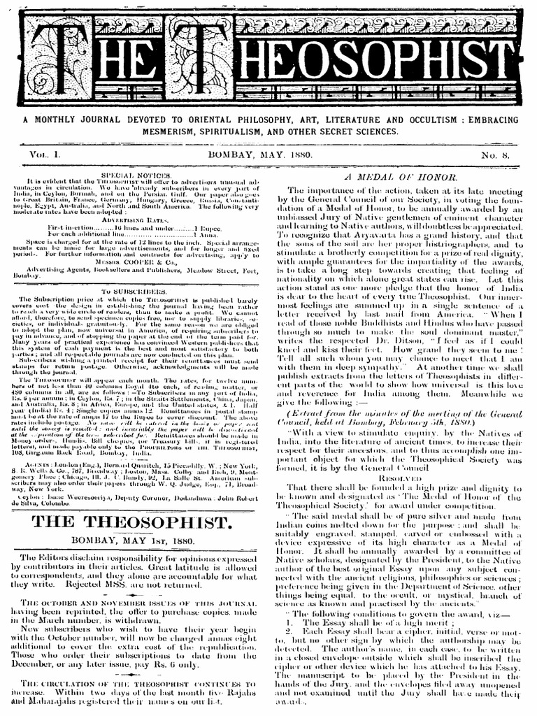 The Theosophist Vol 1 No 8 May 1880 | PDF | Religious Belief And Doctrine