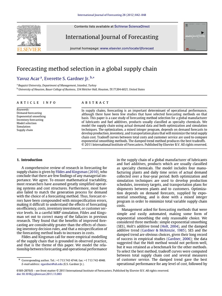 Acar Forecasting Method Selection In A Global Supply Chain 2012