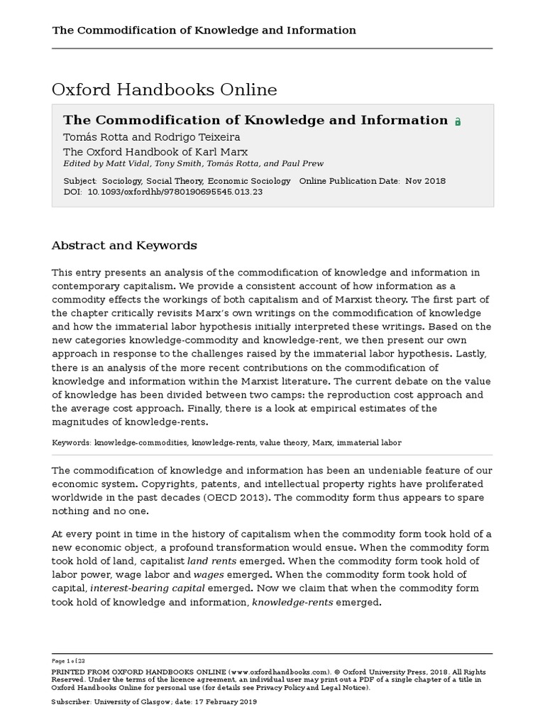 Oxford Handbooks Online: The Commodification of Knowledge and ...