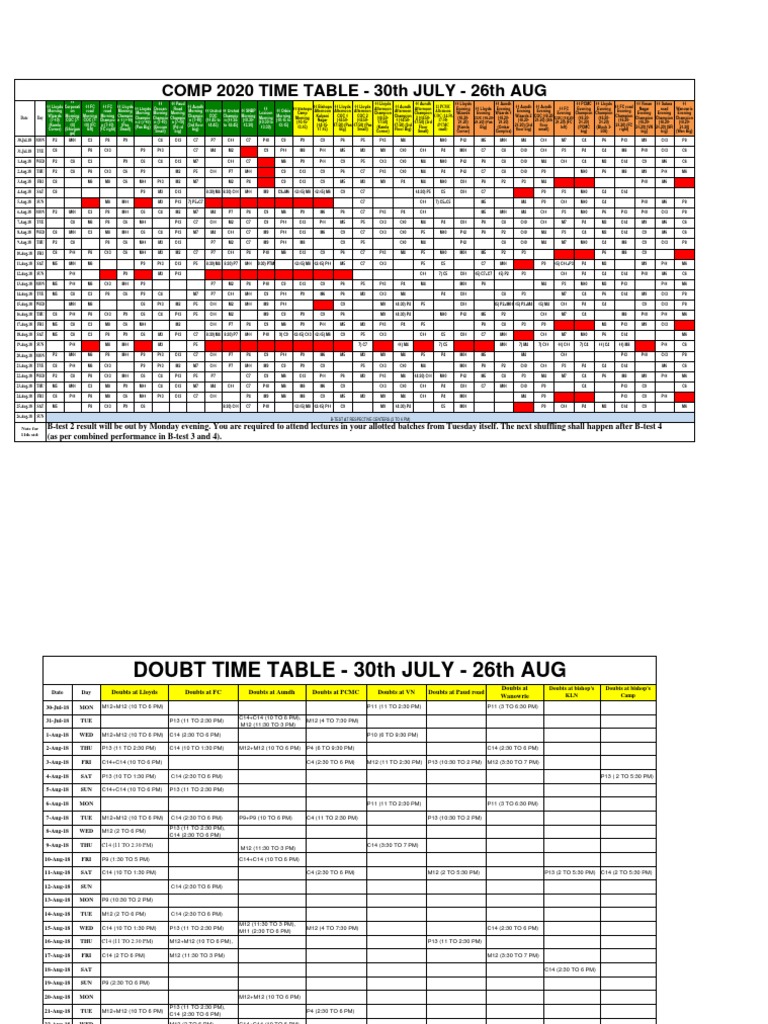 Comp 2020 Time Table - 30Th July - 26Th Aug: Note For 11th STD | PDF