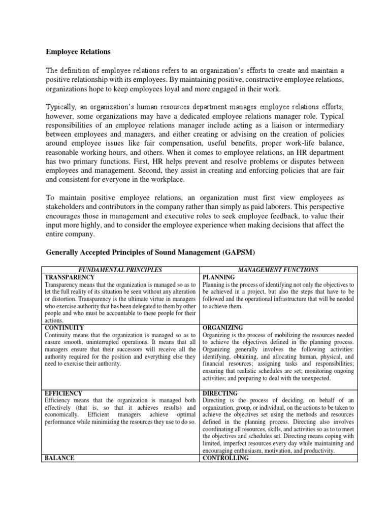 Employee Relations: Fundamental Principles Management Functions | PDF ...
