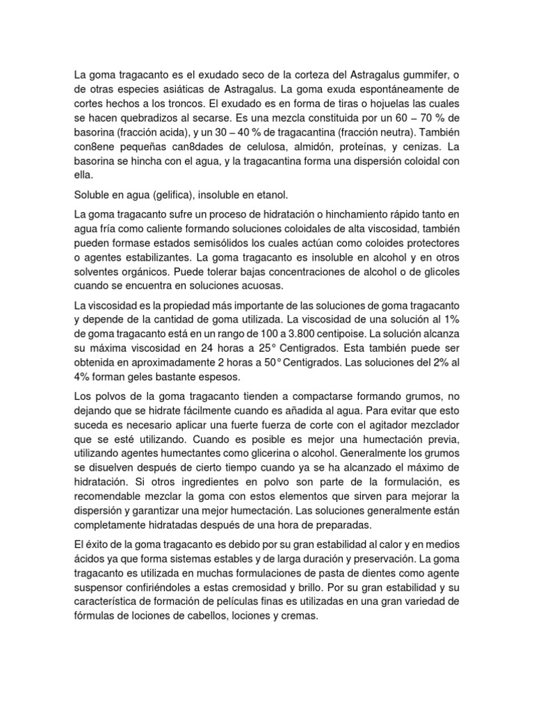 Propiedades y usos de la goma tragacanto | PDF | Ácido | Coloide
