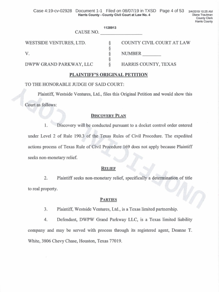 Westside Ventures, LTD V DWPW Grand Parkway Lawsuit Document | PDF
