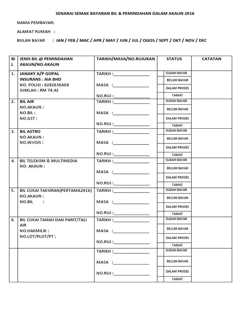 Senarai Semak Bayaran Bil Kosong | PDF | Pengelolaan Keuangan & Uang ...