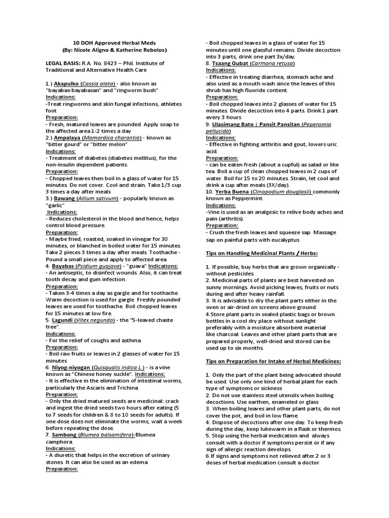 10 DOH Approved Herbal Meds Handout | PDF | Garlic | Plant Diseases