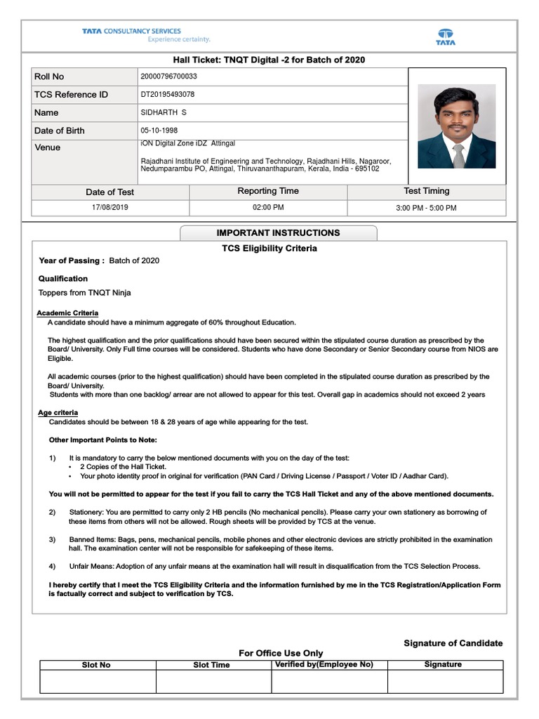 Roll No TCS Reference ID: Hall Ticket: TNQT Digital - 2 For Batch of ...