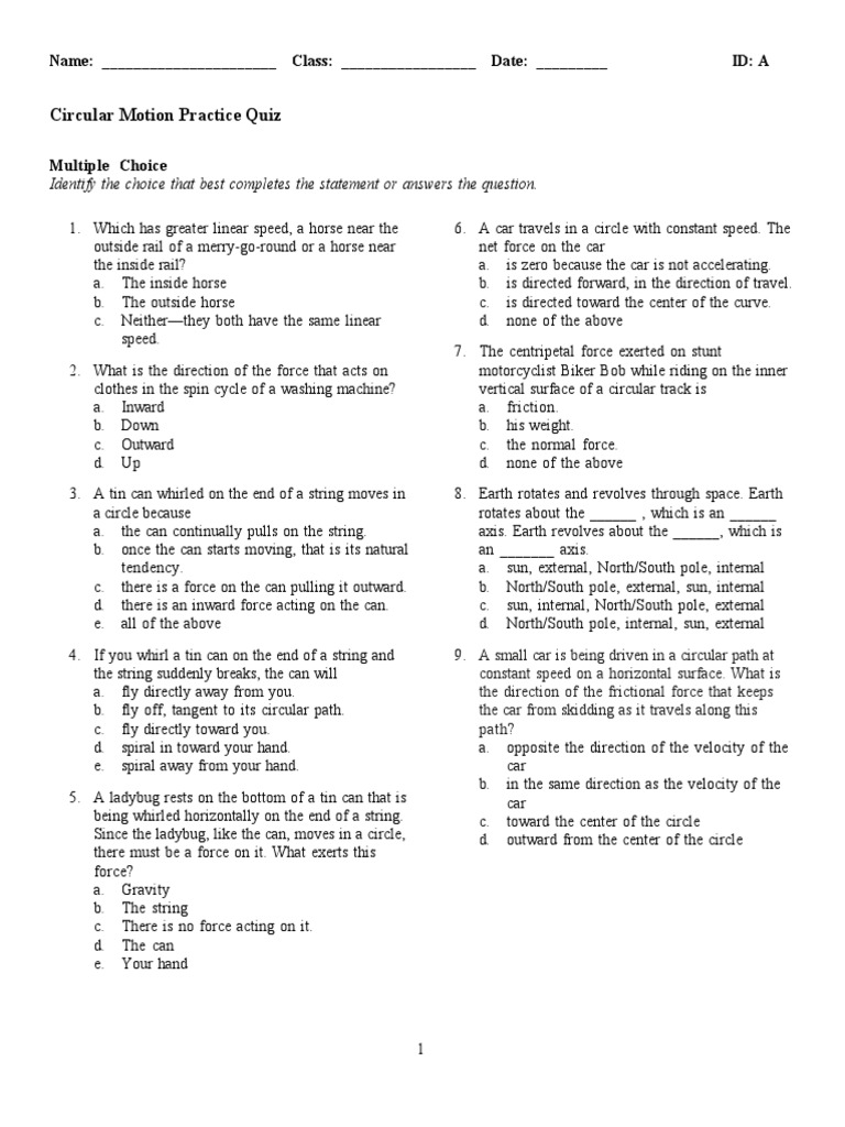 Circular Motion Quiz for Students | PDF | Acceleration | Speed