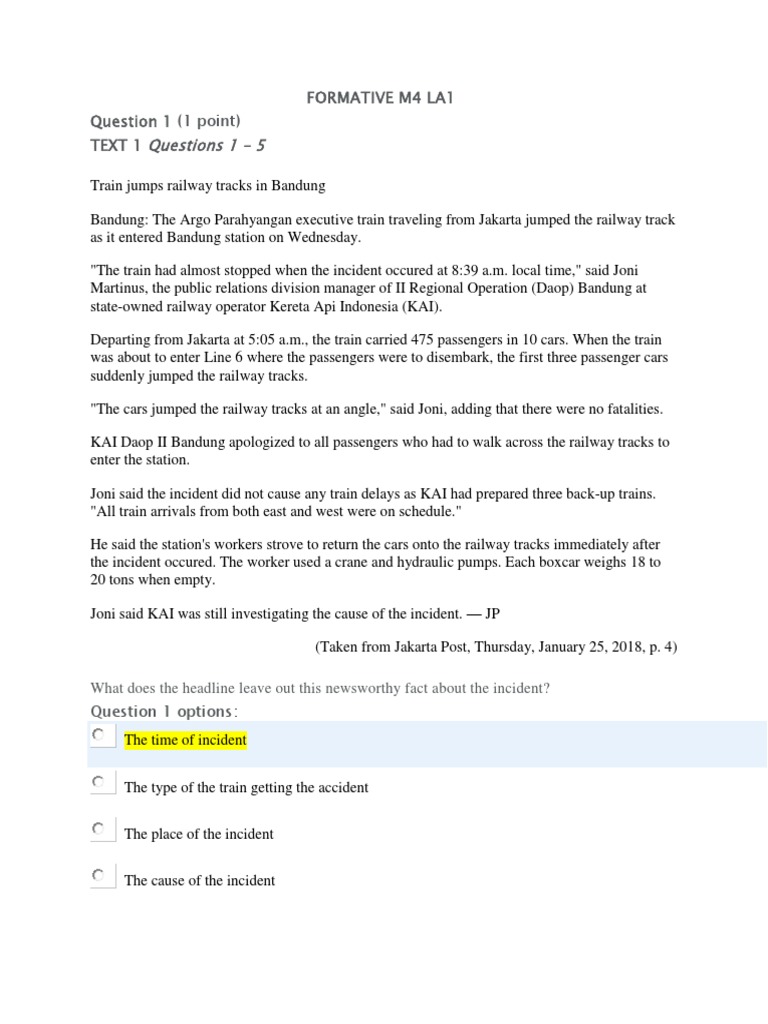 Formative M4 La1 Question 1 (1 Point) Text 1 Questions 1 - 5 | PDF | Influenza | Train