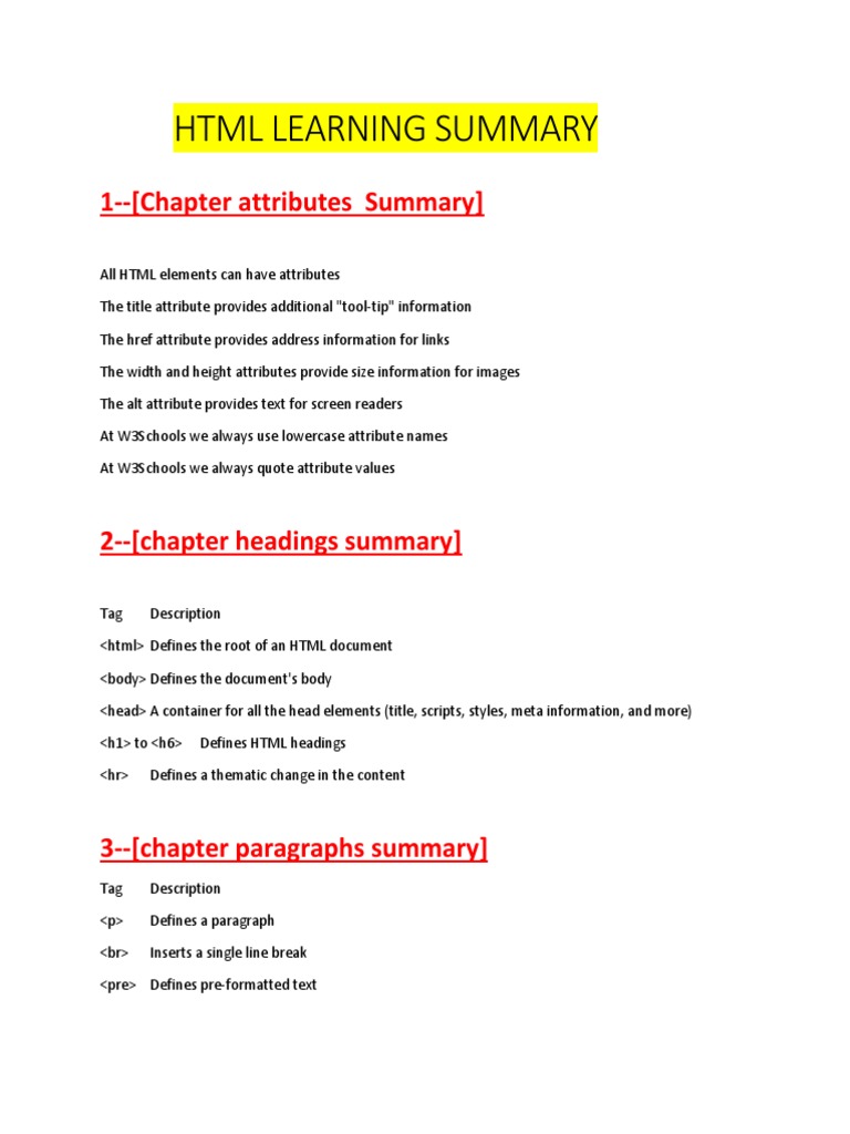 HTML Learning Summary | Download Free PDF | Html Element | Cascading Style Sheets