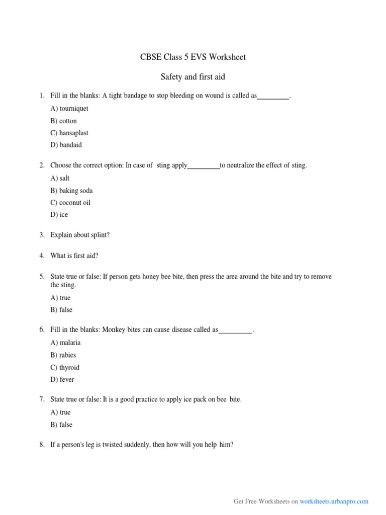 CBSE Class 5 EVS Worksheet Safety and First Aid: Get Free Worksheets On ...