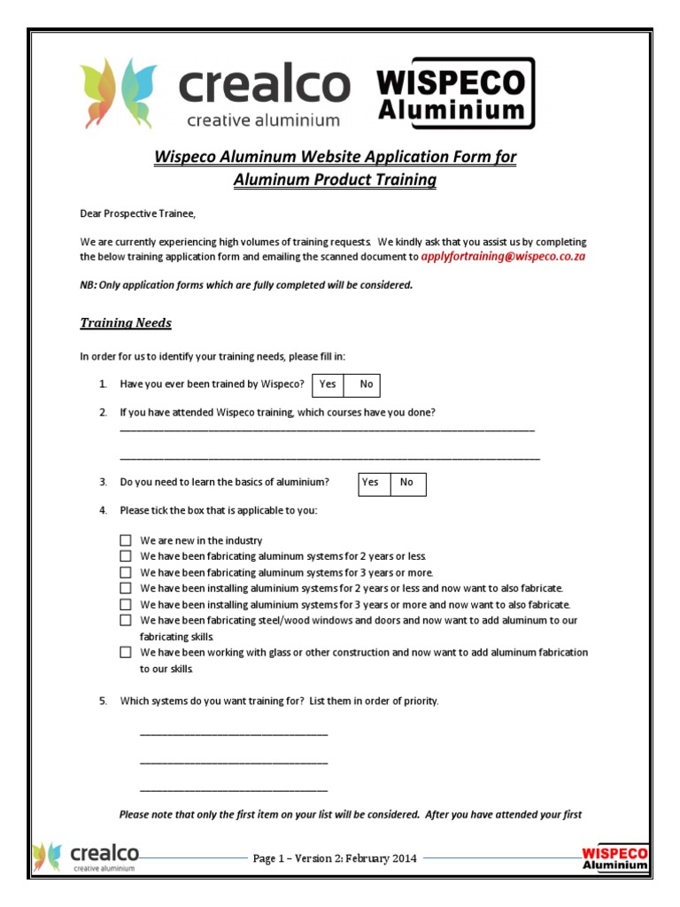 Wispeco Aluminum Website Application Form For Aluminum Product Training ...