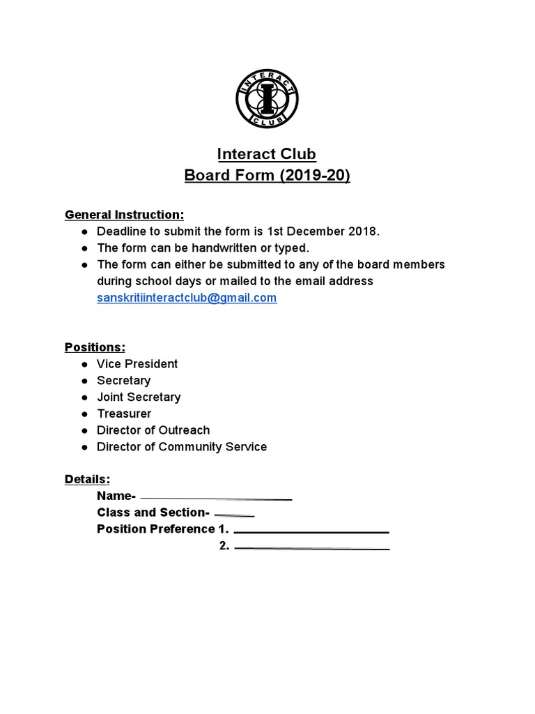 Interact Club Board Application 2019-20 | PDF