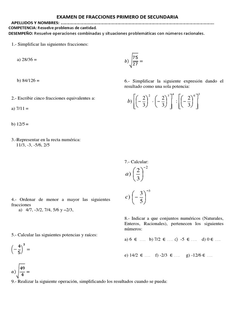 Examen de Fracciones | PDF | Fracción (Matemáticas) | Número racional