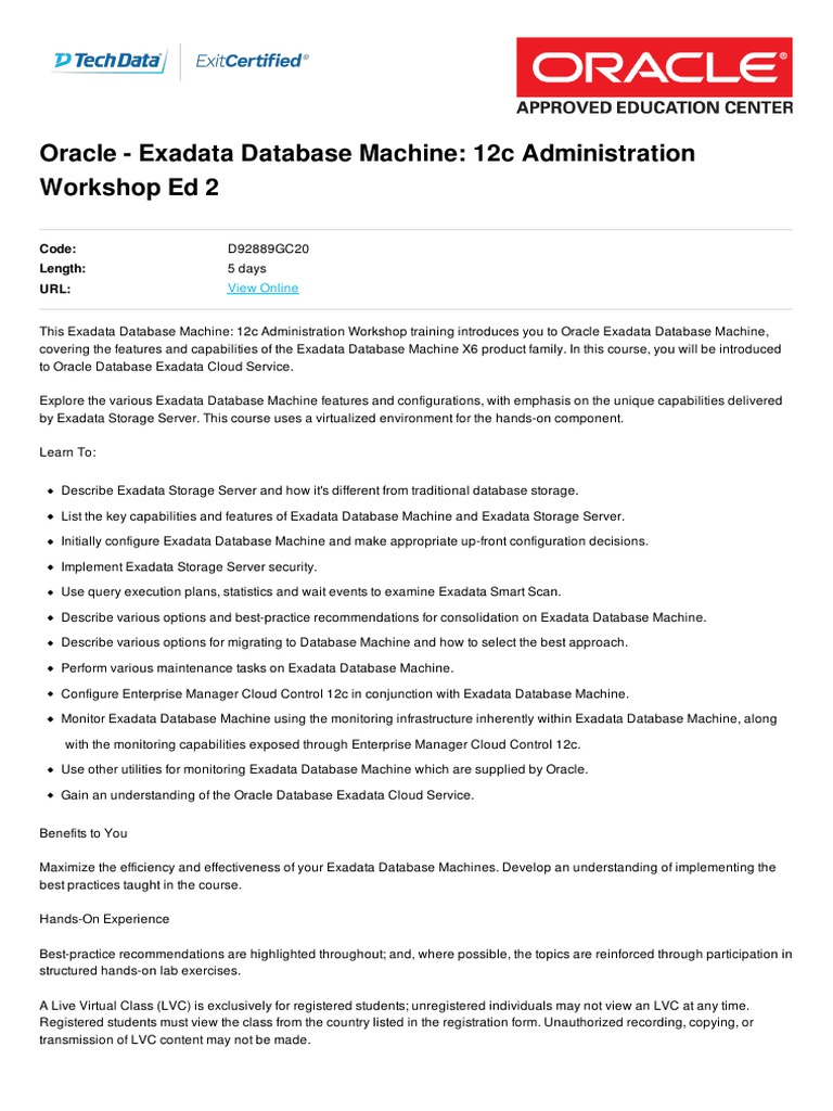 Exadata Database Machine 12c Administration Workshop Ed 2 | PDF | Databases | Information Technology