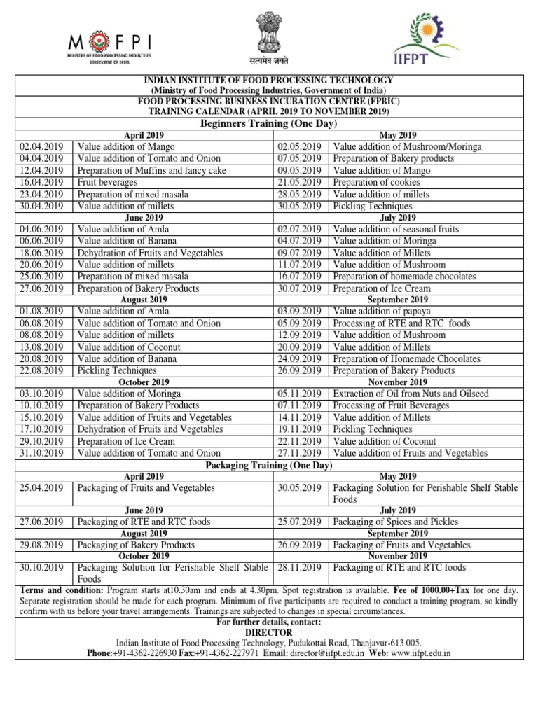 Food Processing Training Calendar 2019 | PDF | Pickling | Vegetables