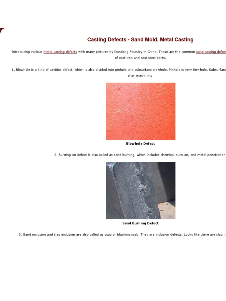 Casting Defects - Sand Mold, Metal Casting | PDF | Casting ...