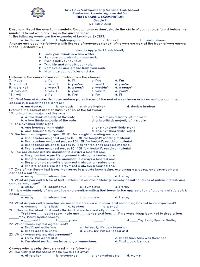 Grade 9 English 1st Quarter Exam | PDF | Beowulf | Poetry