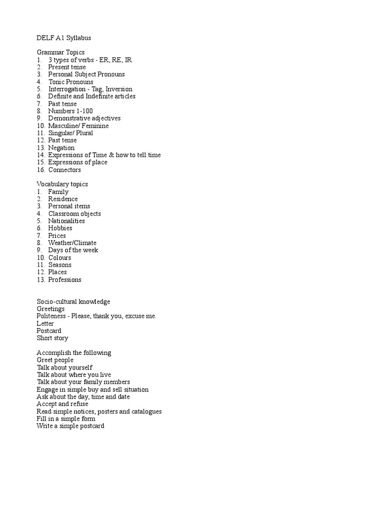 DELF A1 Syllabus | PDF