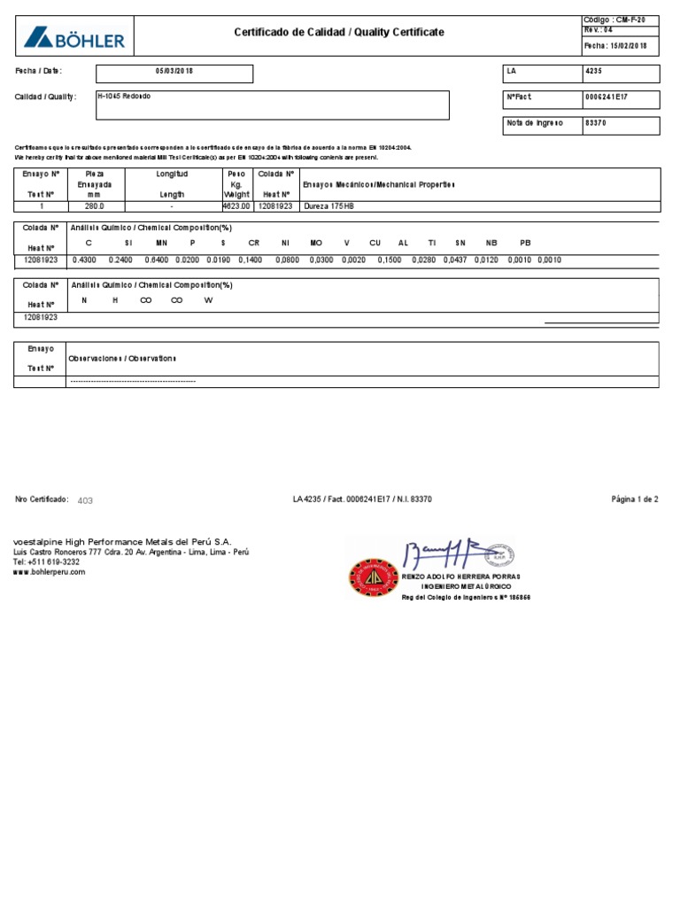 Certificado de Calidad / Quality Certificate: H-1045 Redondo | PDF | Átomos | Metales de transición
