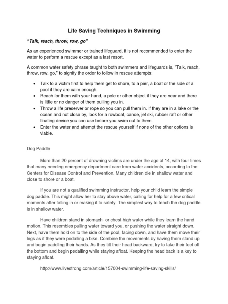 Life Saving Techniques in Swimming | PDF | Swimming | Water Sports