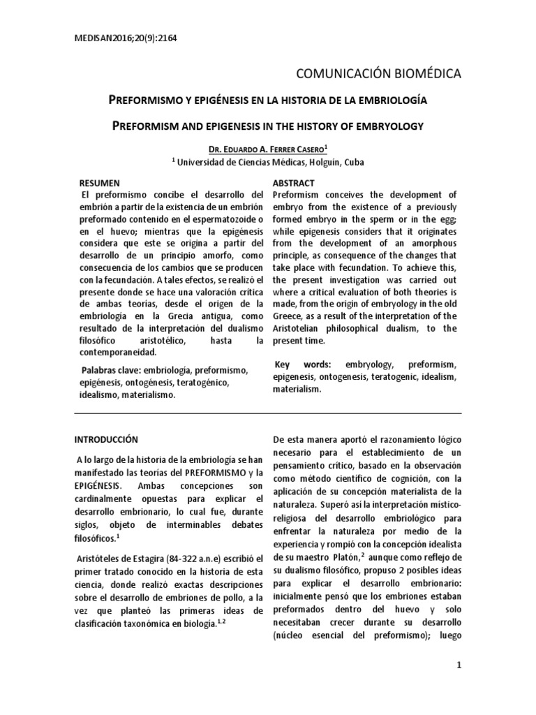 Preformismo y Epigénesis en La Historia de La Embriología 290719 | PDF ...
