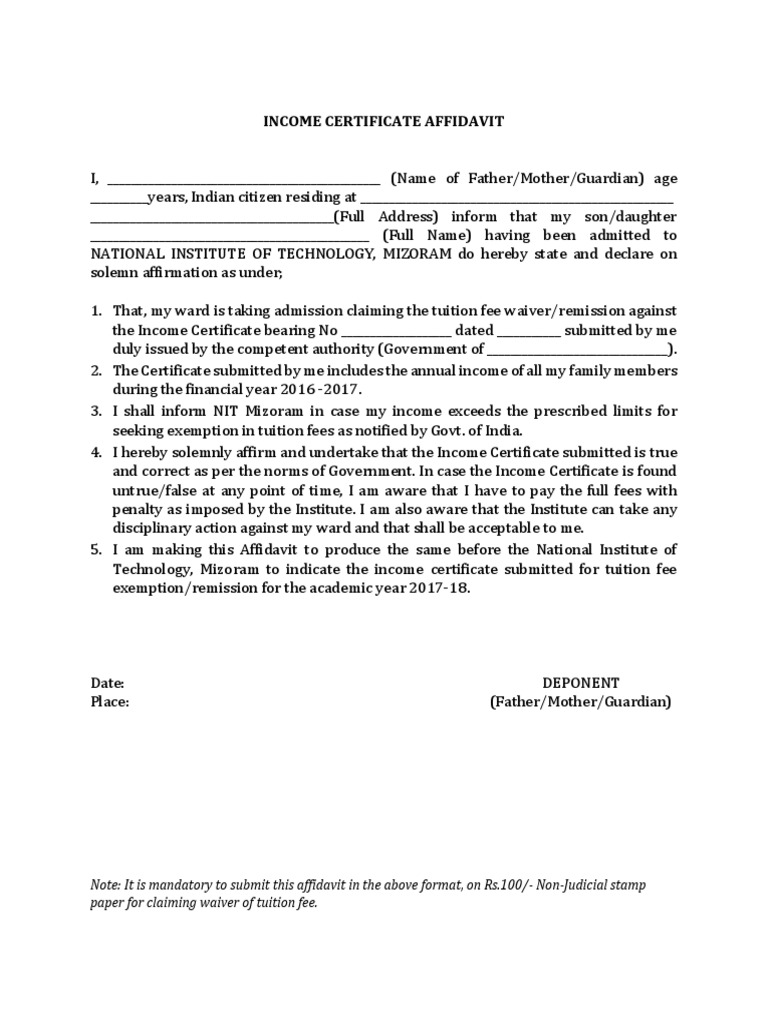 Income Certificate Affidavit: Paper For Claiming Waiver of Tuition Fee ...