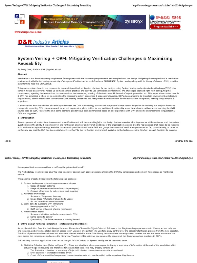 System Verilog + OVM: Mitigating Verification Challenges & Maximizing Reusability | PDF | Class ...