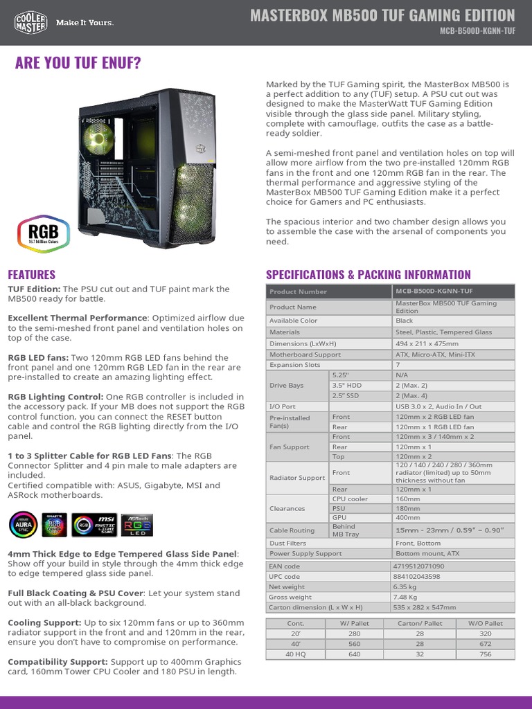 Product Sheet - MasterBox MB500 TUF Edition | PDF | Manufactured Goods ...