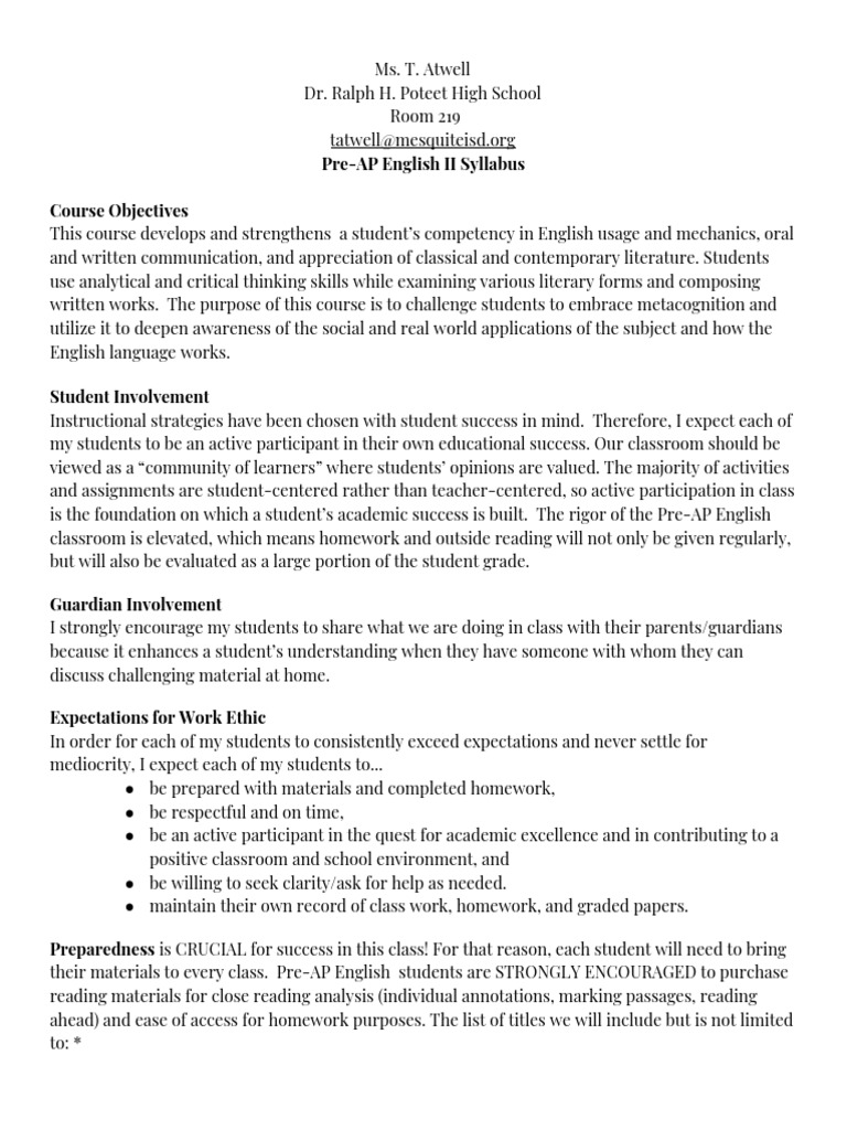Preap English 2 Syllabus | PDF | Homework | Education Theory