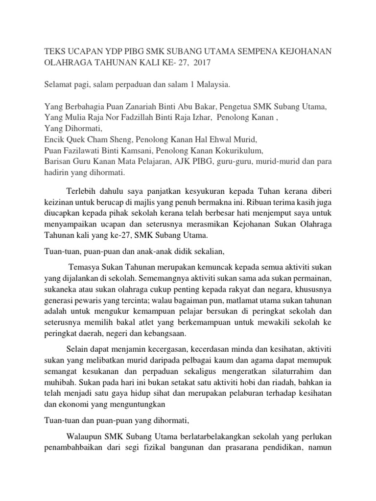 Sukan 2017 Teks Ucapan Ydp Pibg | PDF