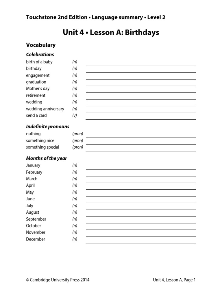 Unit 4 - Lesson A: Birthdays: Touchstone 2nd Edition - Language Summary - Level 2 | PDF | Object ...
