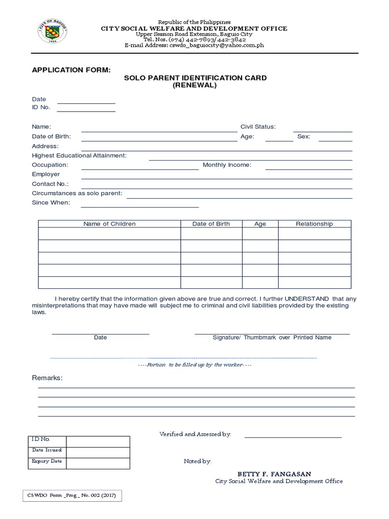 Solo Parent Application Form - Renewal | PDF