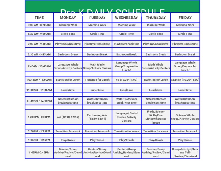Pre-K Daily Schedule Excel | PDF