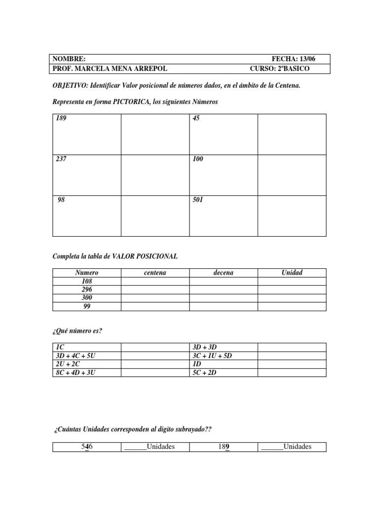 Valor Posicional en Números para 2º Básico | PDF