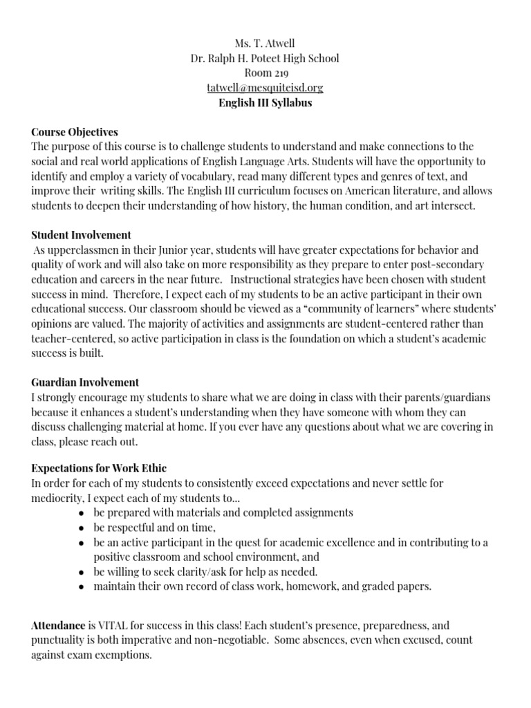 English 3 Syllabus 2019-2020 | PDF | Homework | Behavior Modification