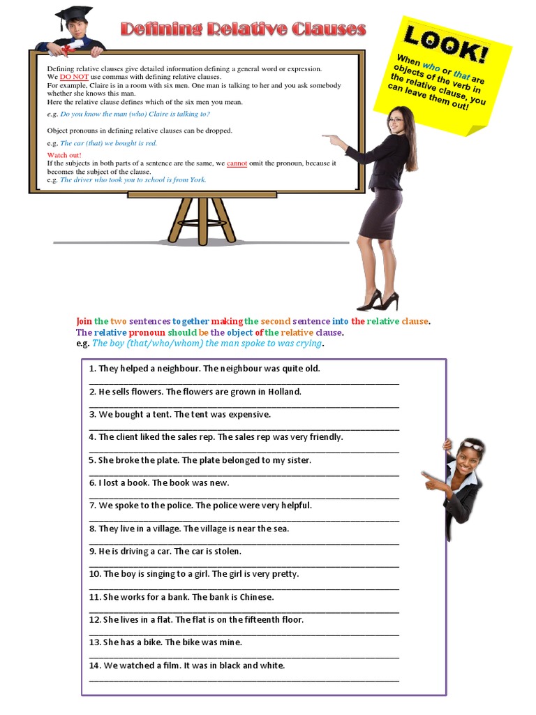 Defining Vs Non Defining Relative Clauses Classwork | PDF | Clause | Sentence (Linguistics)
