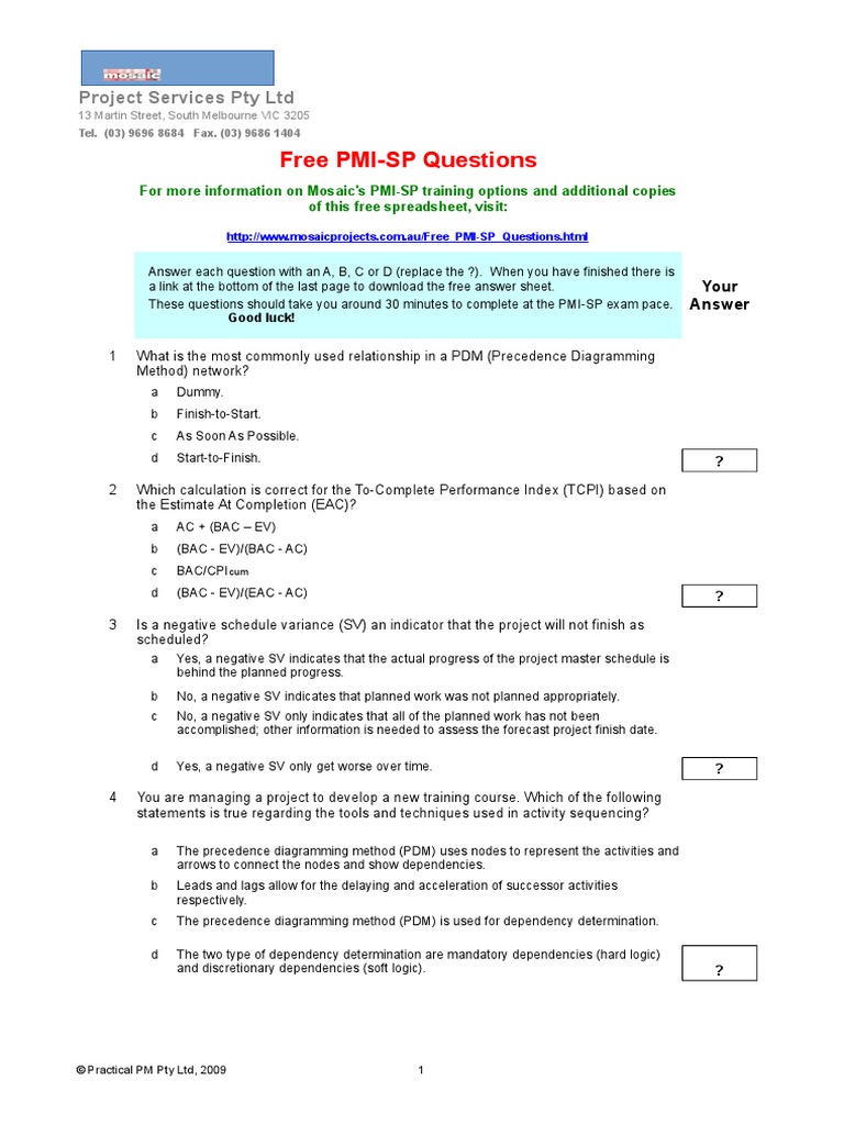 Free PMI-SP Questions | PDF | Business