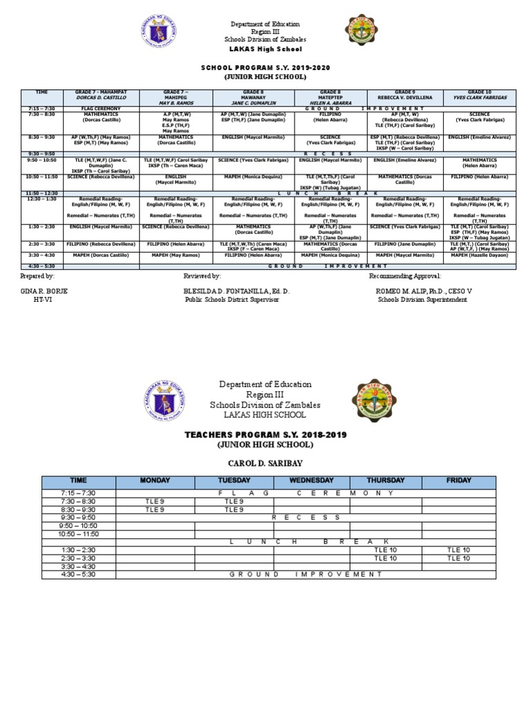 LAKAS High School SCHOOL PROGRAM S.Y. 2019-2020 (Junior High School) | PDF