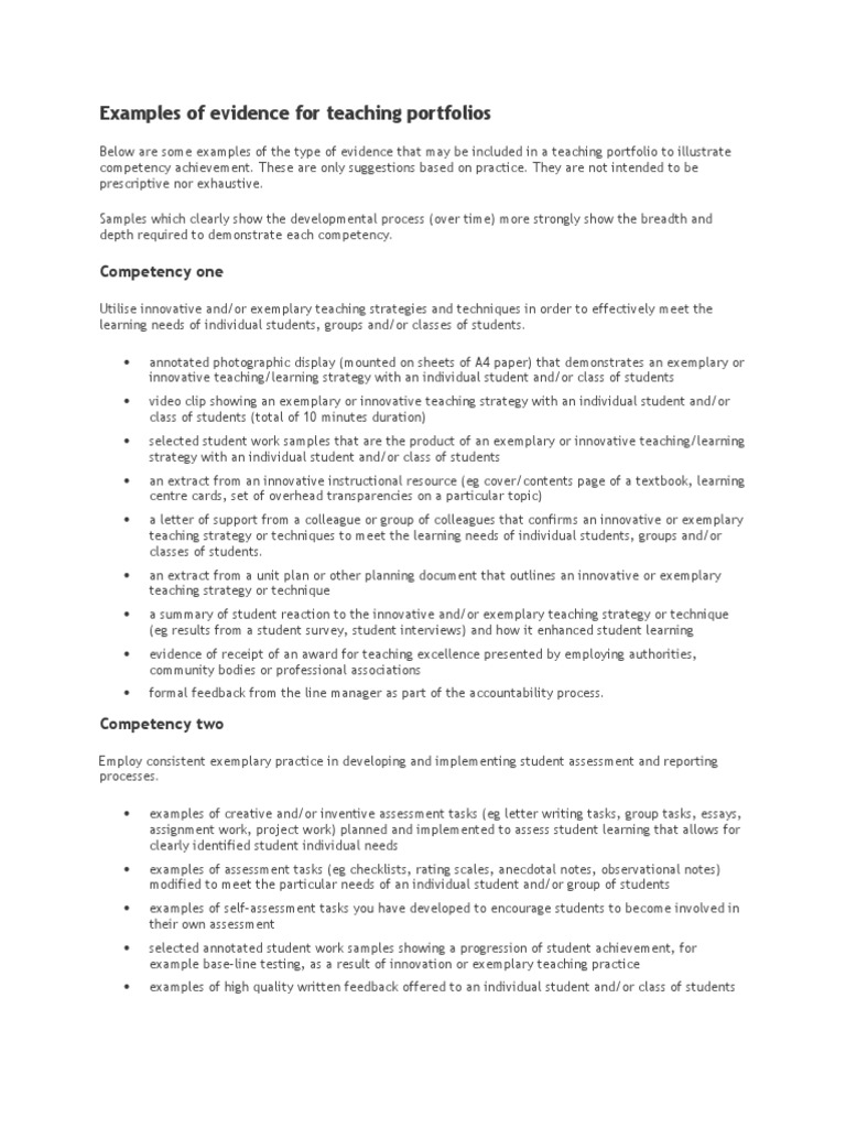 Examples of Evidence For Teaching Portfolios | PDF | Educational ...