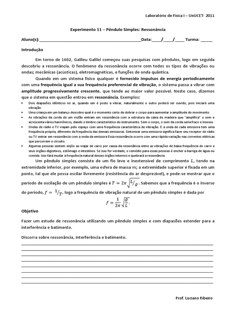 Experimento sobre ressonância com pêndulo simples | PDF | Ressonância | Ondas