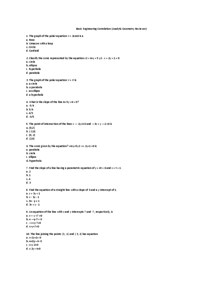 Basic Engineering Correlation Analytic Geometry | PDF | Ellipse | Line (Geometry)