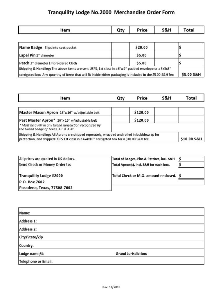 Tranquility Lodge No.2000 Merchandise Order Form: Item Qty Price S&H ...