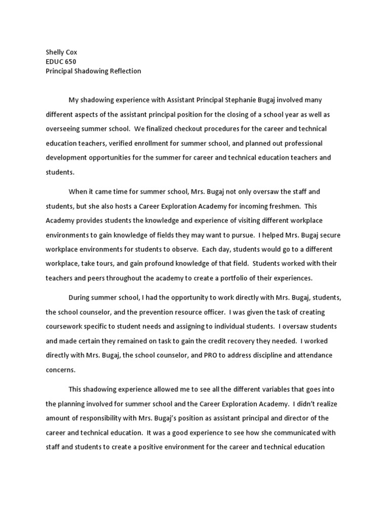 Educ 650 Principal Shadowing Reflection | PDF